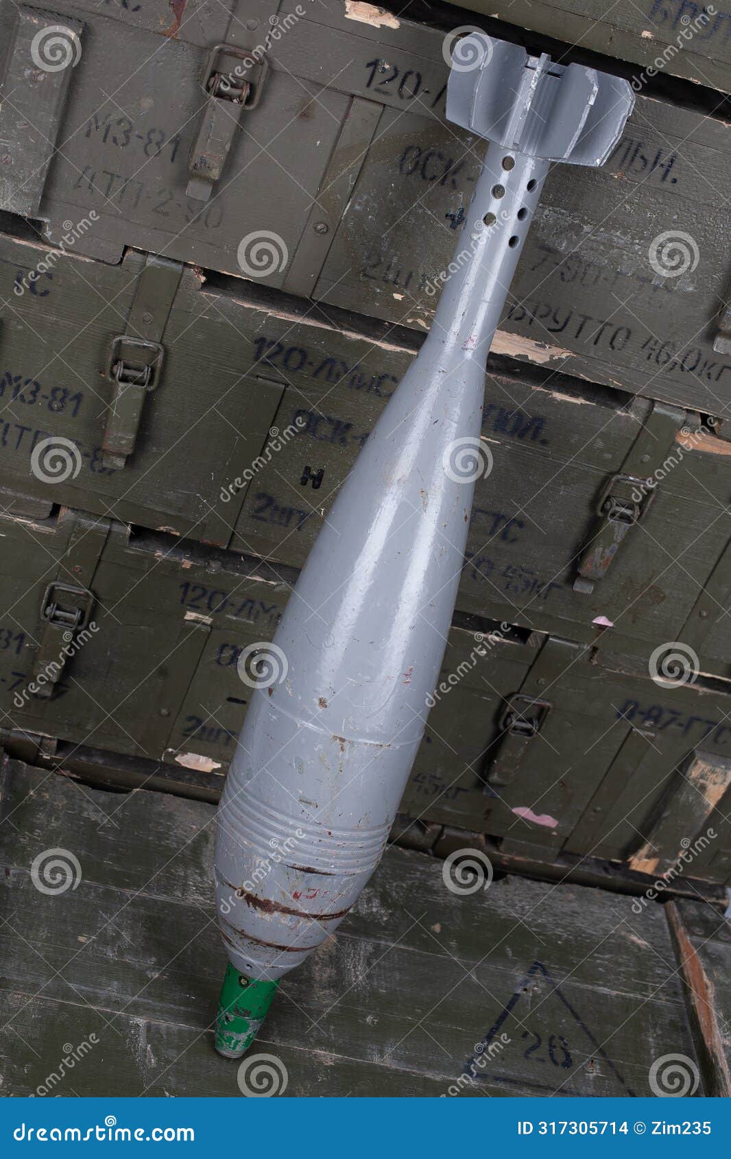 Soviet or Russian 120 Mm Mortar Shell on Army Green Crate. Text in ...