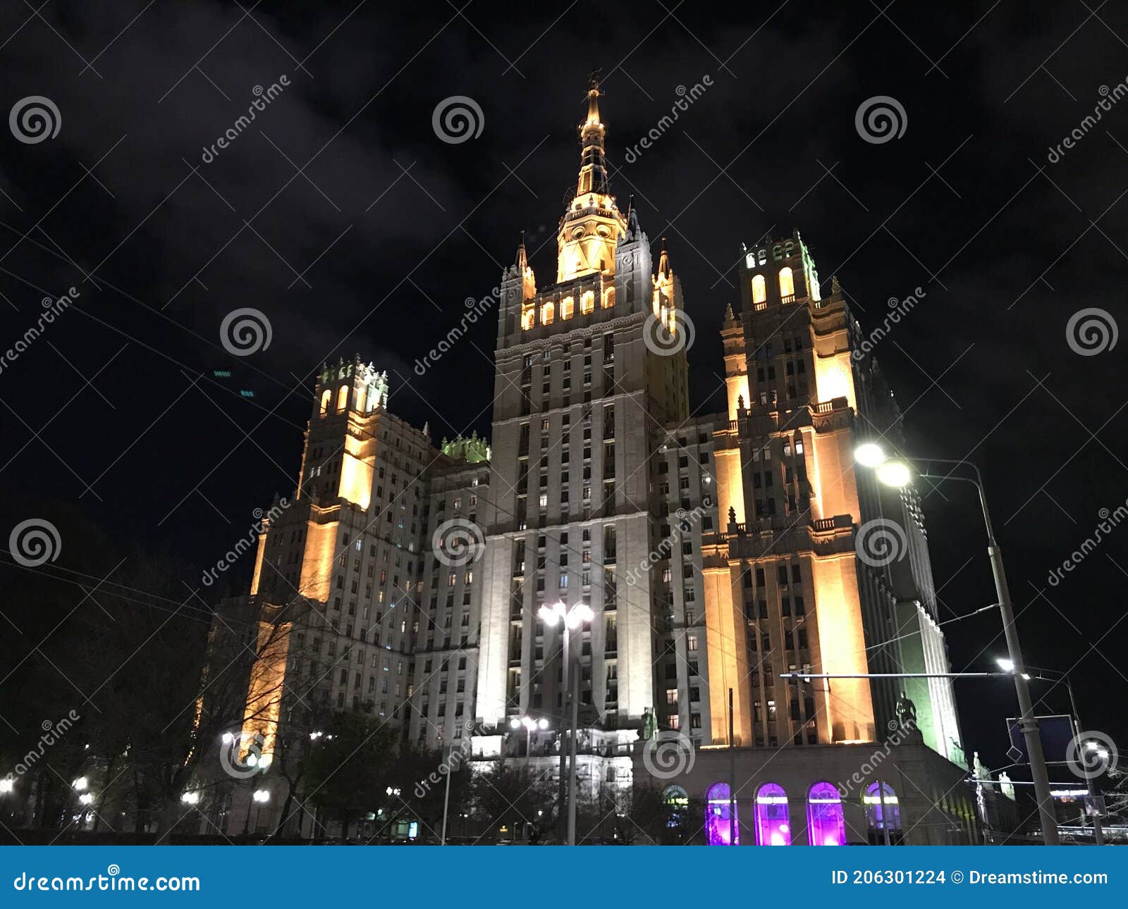 Soviet Skyscraper in the Evening Stock Photo - Image of lighting ...