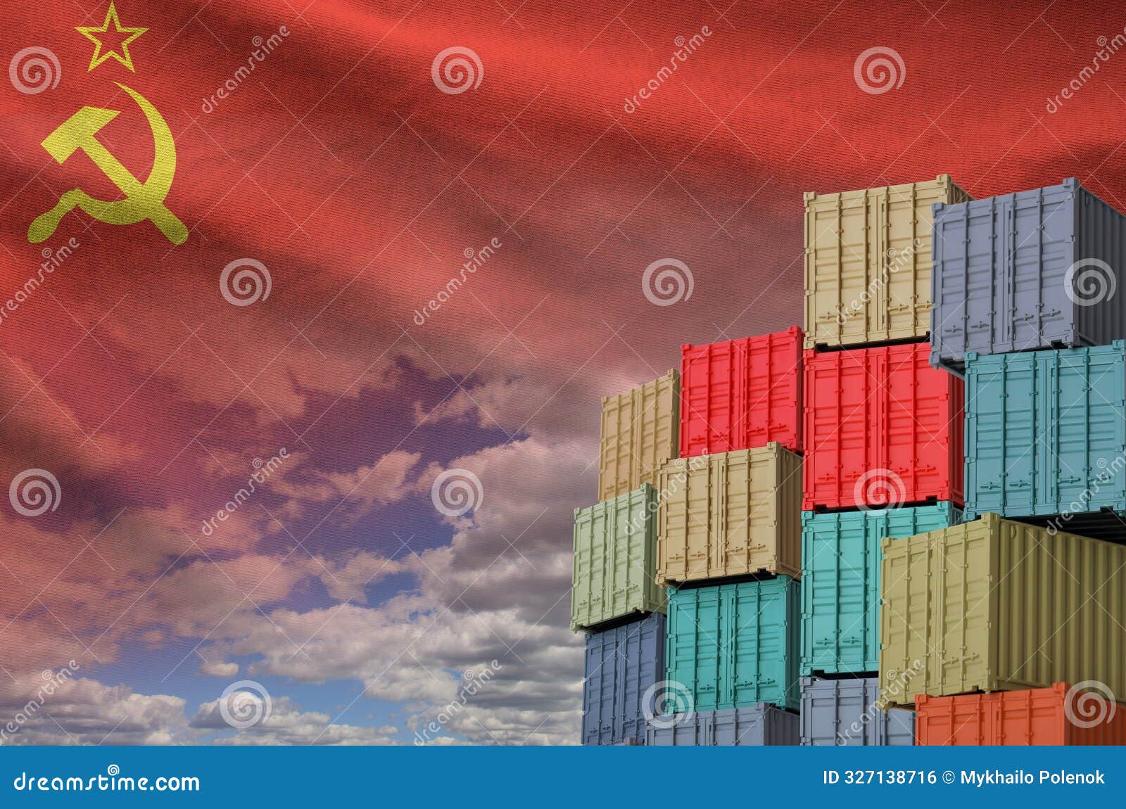 Soviet Union Flag and Big Stack of Shipping Cargo Containers in Docks ...