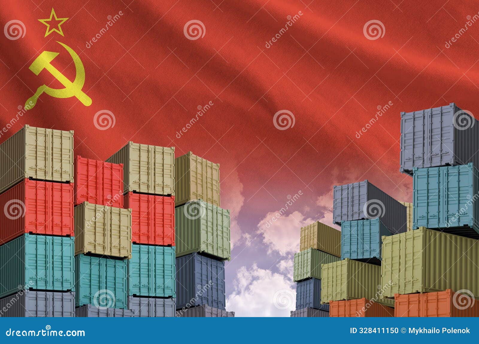 Soviet Union Flag and Big Stack of Shipping Cargo Containers in Docks ...