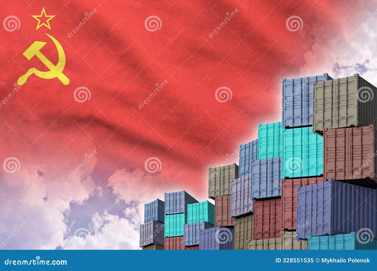 Soviet Union Flag and Big Stack of Shipping Cargo Containers in Docks ...