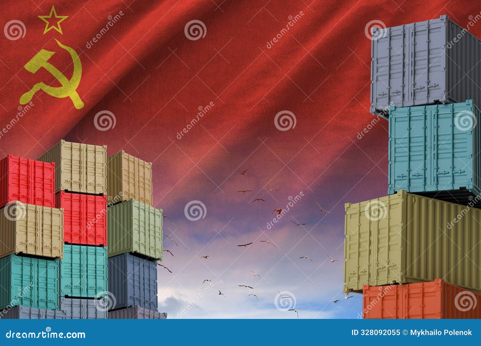 Soviet Union Flag and Big Stack of Shipping Cargo Containers in Docks ...