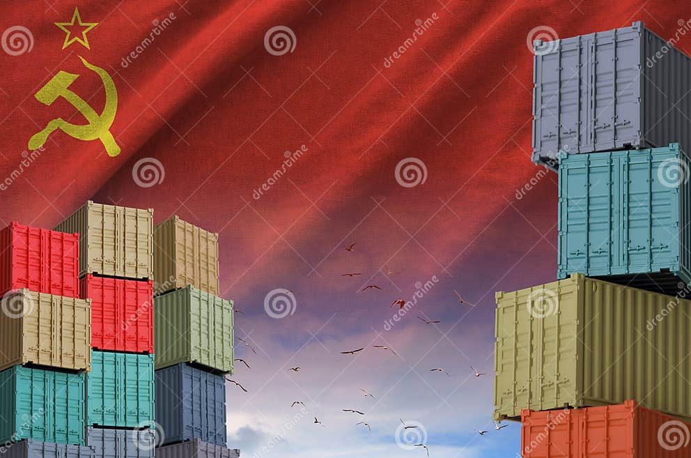 Soviet Union Flag and Big Stack of Shipping Cargo Containers in Docks ...