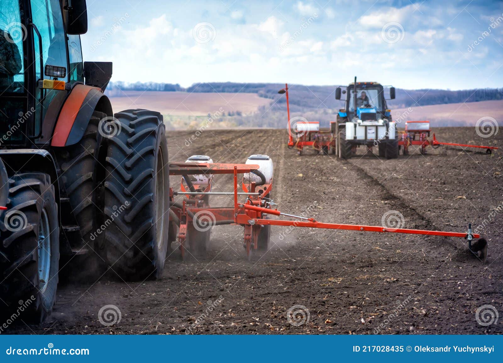 Sowing Work In The Field. Tractor With Seeder Royalty-Free Stock ...