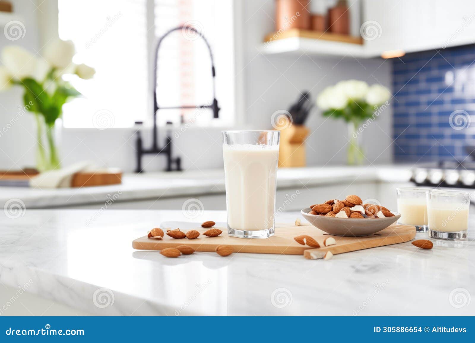 Soy Milk Alongside Almonds on a Modern Kitchen Counter Stock Photo ...