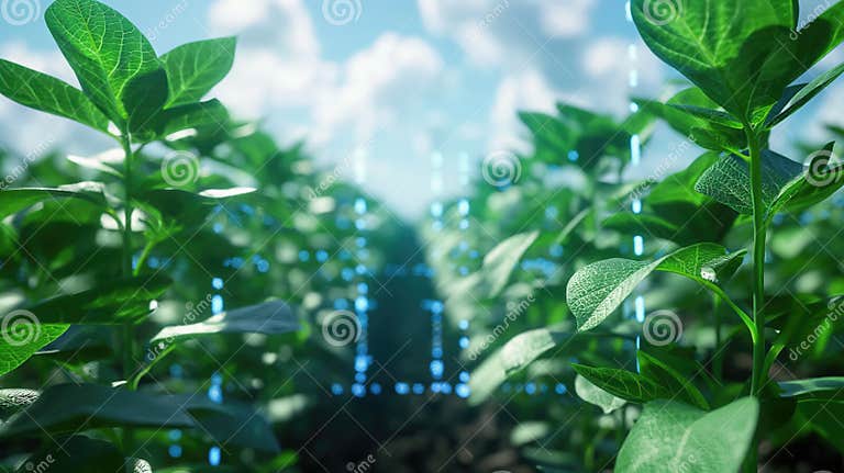 Soybean Plants with Digital Data Visualization in the Field. Stock ...