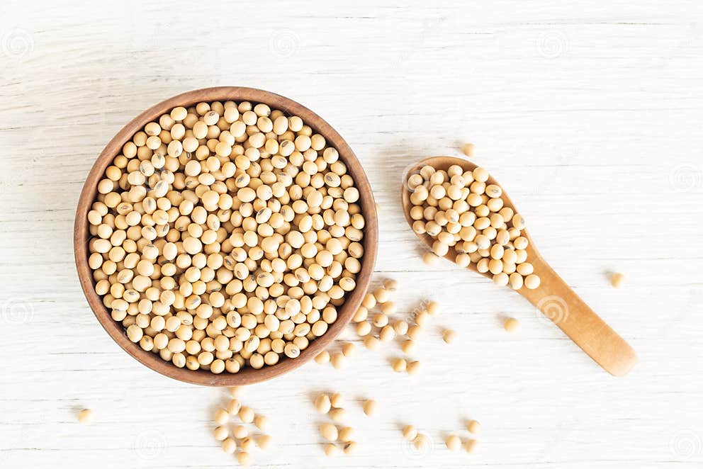 Soybeans In A Wooden Cup The Old Wood Tabletop View On Withe
