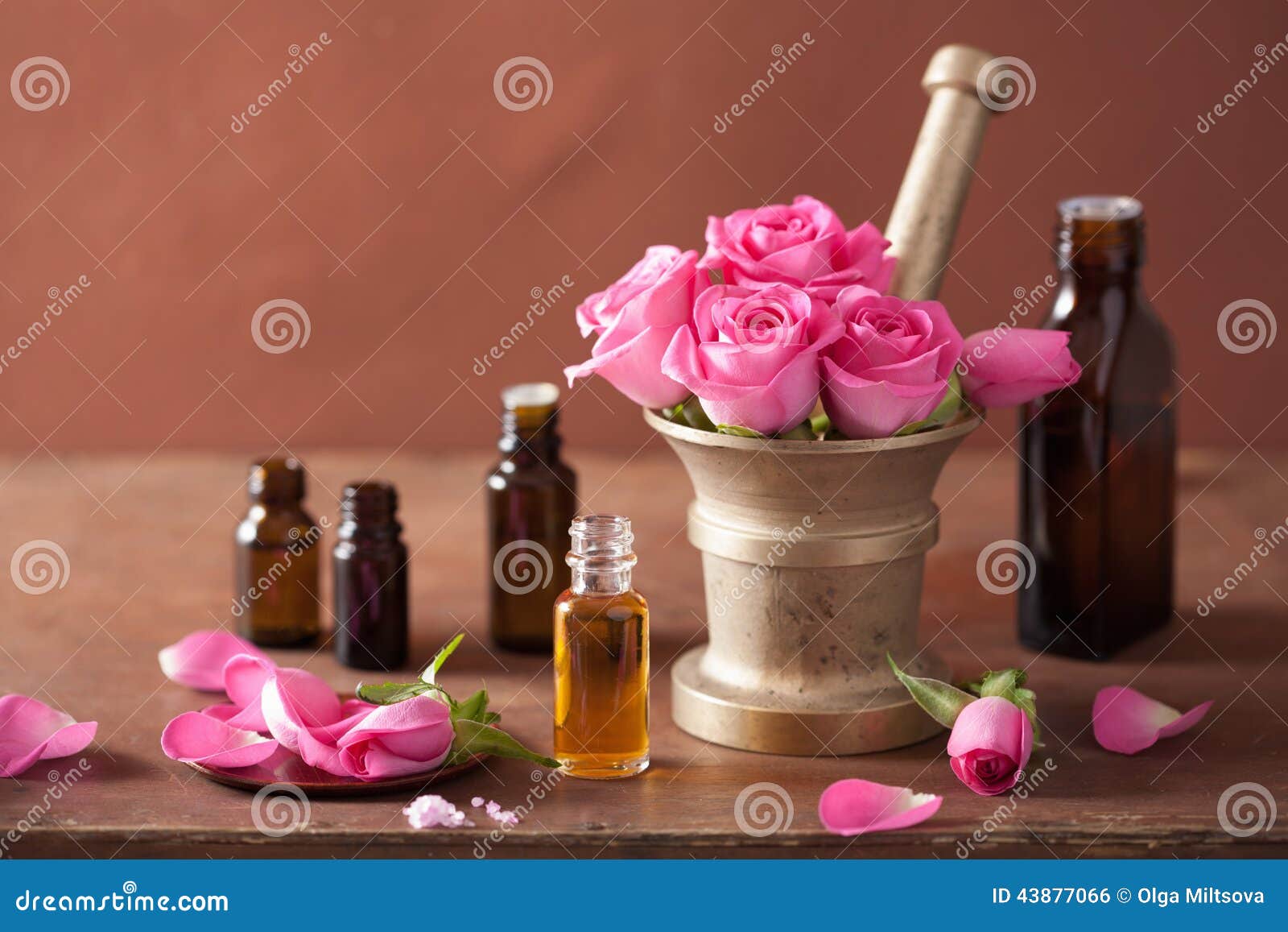 Spa and Aromatherapy Set with Rose Flowers Mortar Essential Oils Stock ...