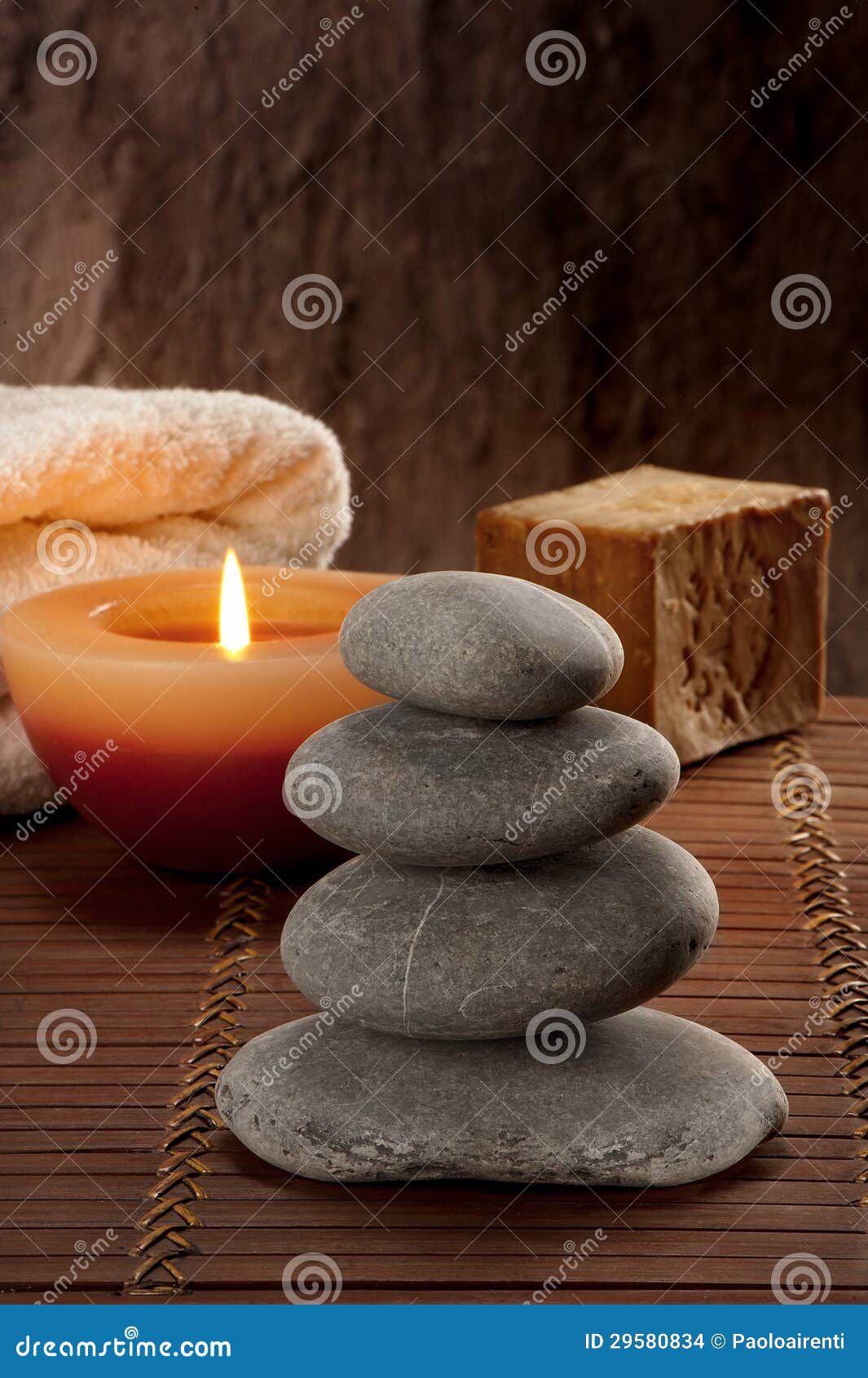 SPA Atmosphere with Four Stones with Candle Light and Soap Stock Photo ...