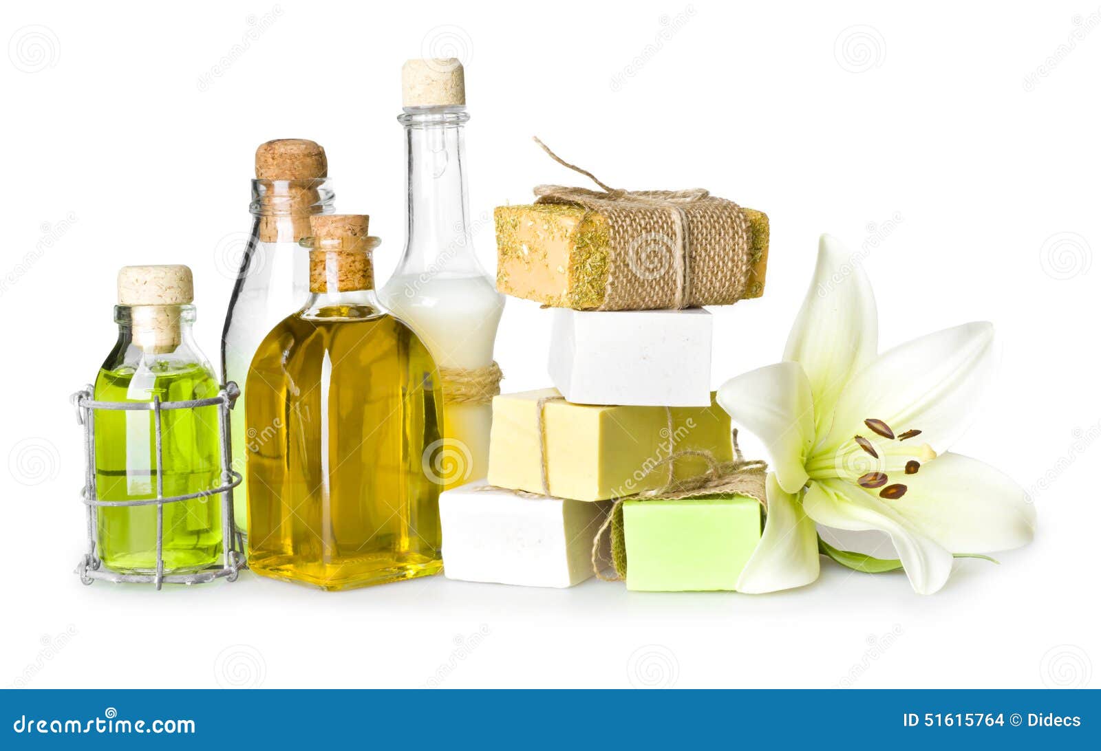 Spa Bottles, Soap Pieces and Lily Isolated on White Stock Photo - Image ...