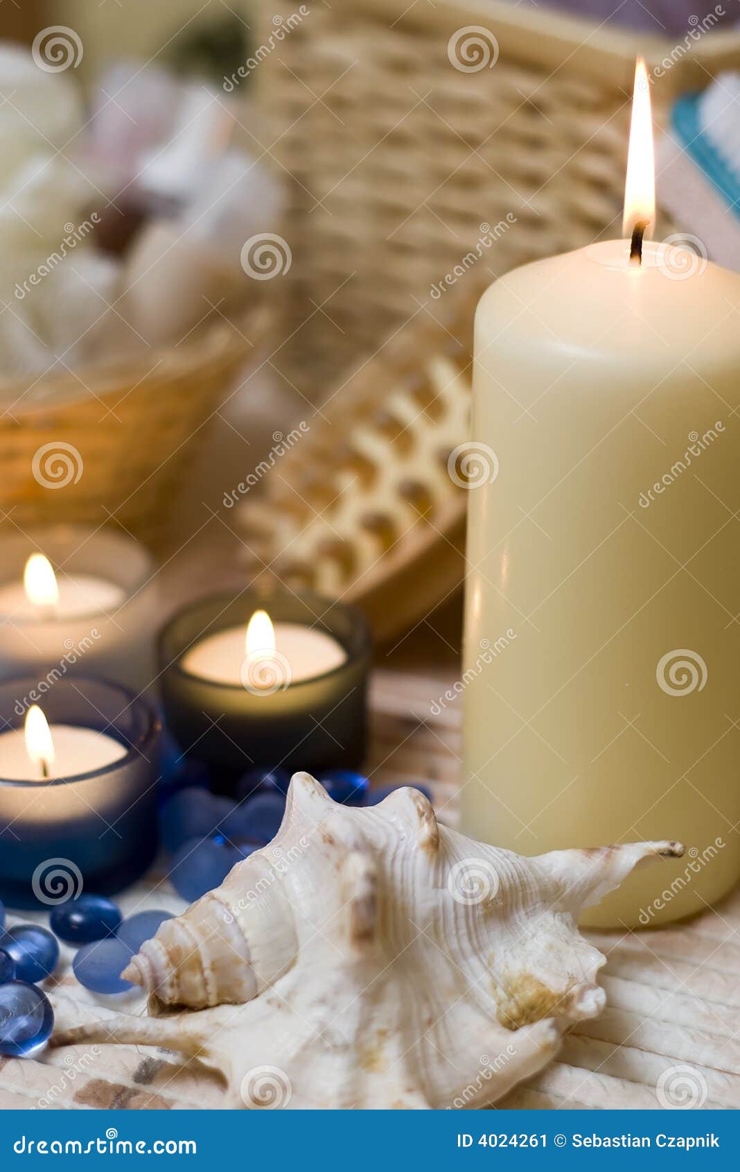 Spa candles and shell stock image. Image of blue, hotel - 4024261