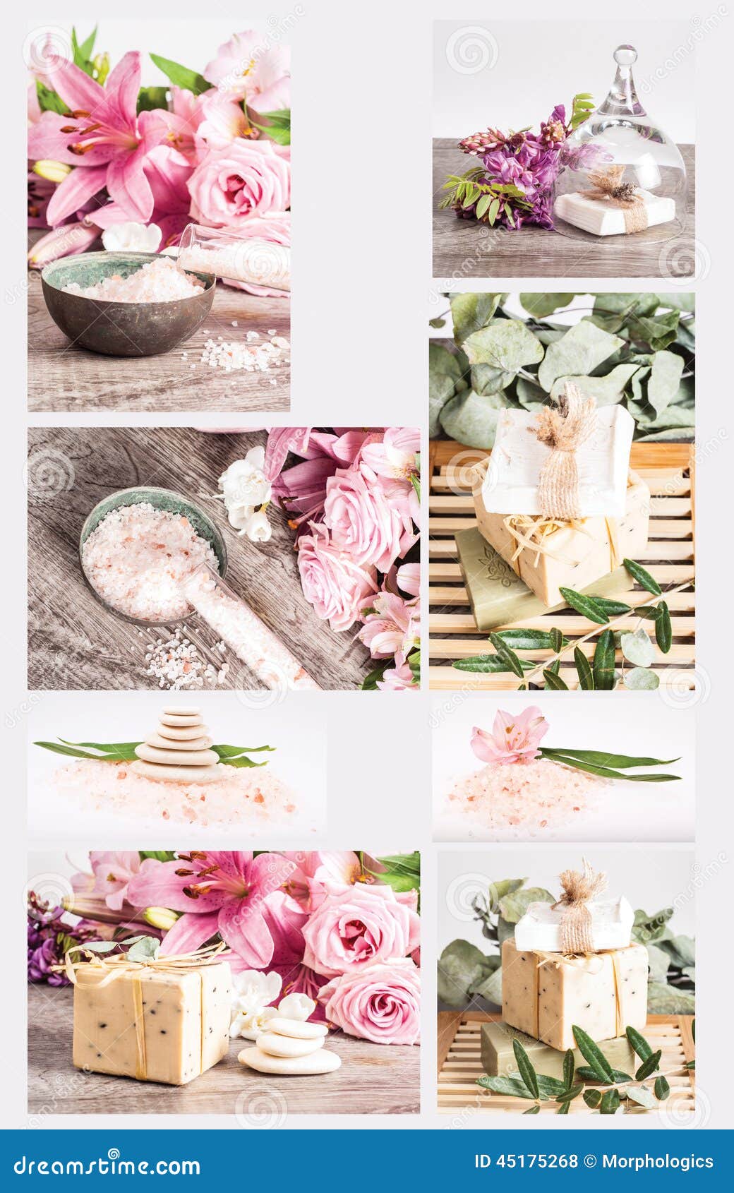 Spa Collage with Natural Soaps Pink Flowers and Olive Branches Stock ...
