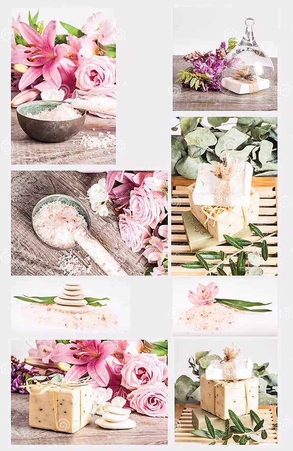 Spa Collage with Natural Soaps Pink Flowers and Olive Branches Stock ...