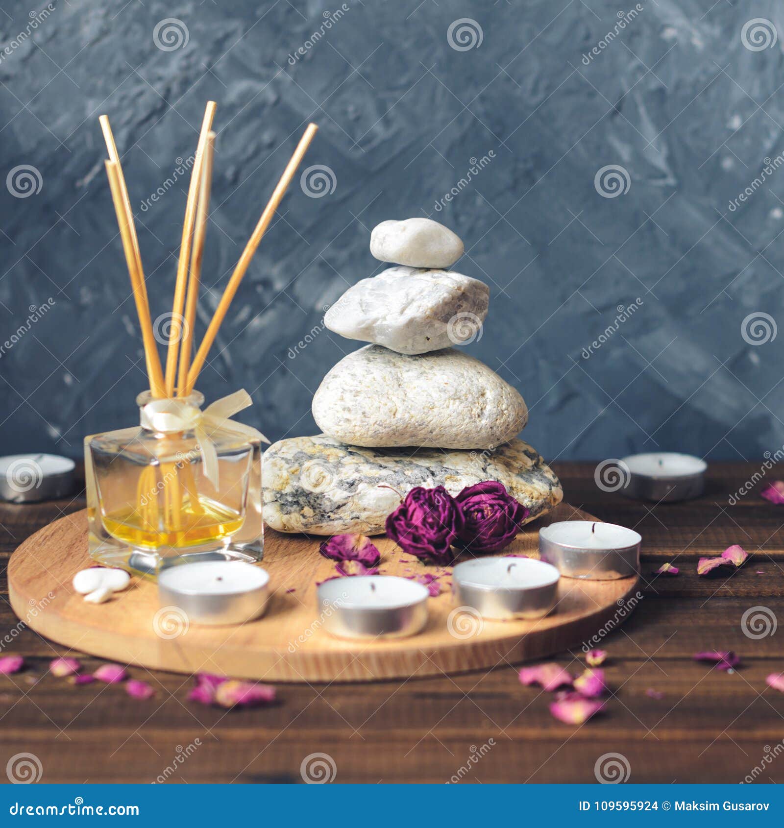 Spa Composition-stones, Candles, Aromatherapy, Dry Flowers Stock Photo ...