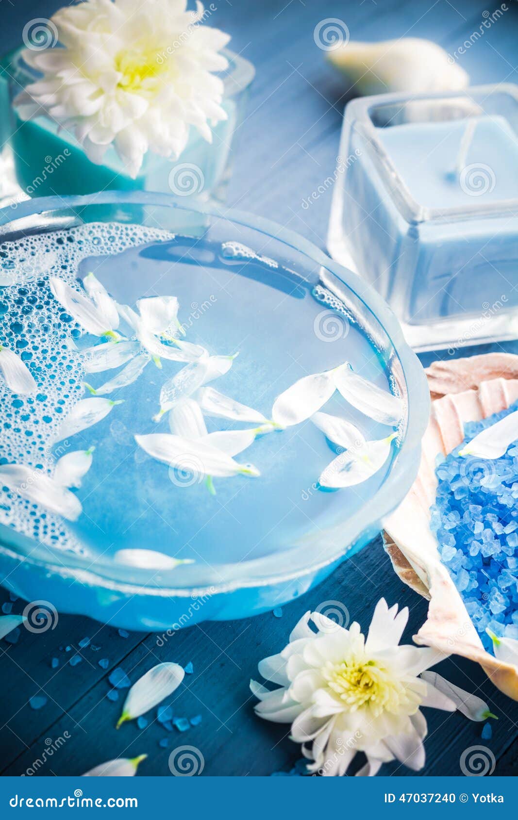 Spa Composition Water Bath Salt Shells Flowers Stock Photo - Image of ...