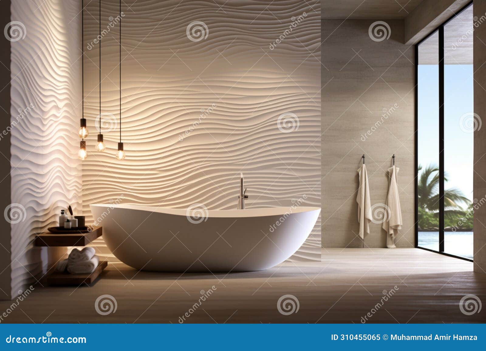 A Spa-like Bathroom With Light-colored Tiles, A Freestanding Tub, And ...