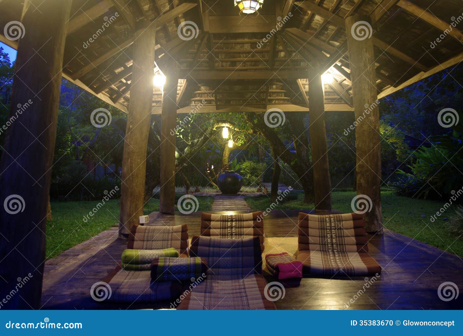 Spa Pavilion Resort at Night Lighting Stock Photo - Image of lights ...