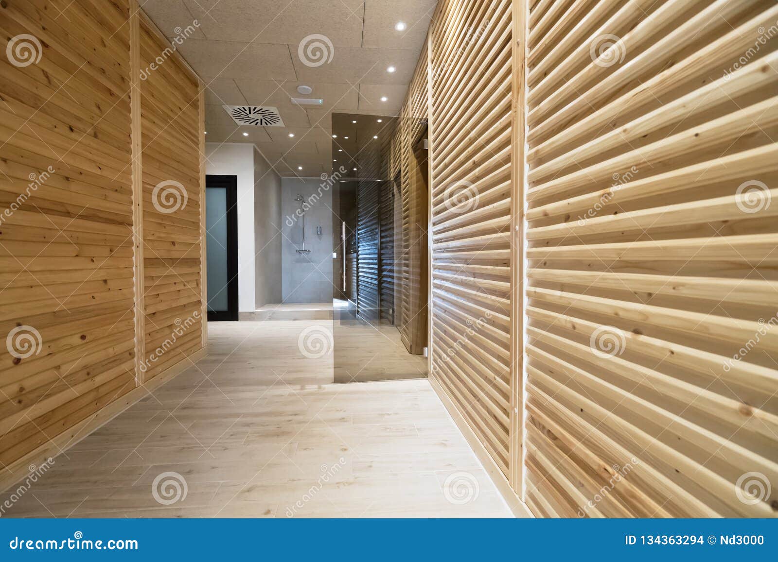 Spa Resort Hallway with Saunas and Shower Stock Photo - Image of ...