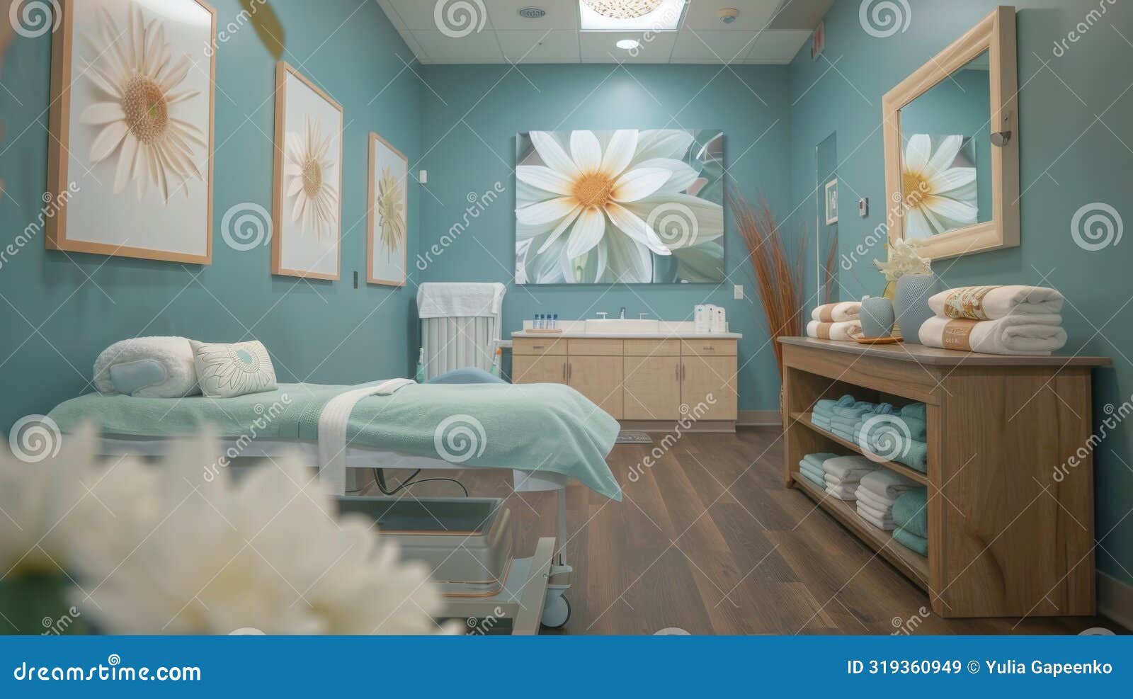 Spa Room with Large Mirror and Row of Benches Stock Image - Image of ...