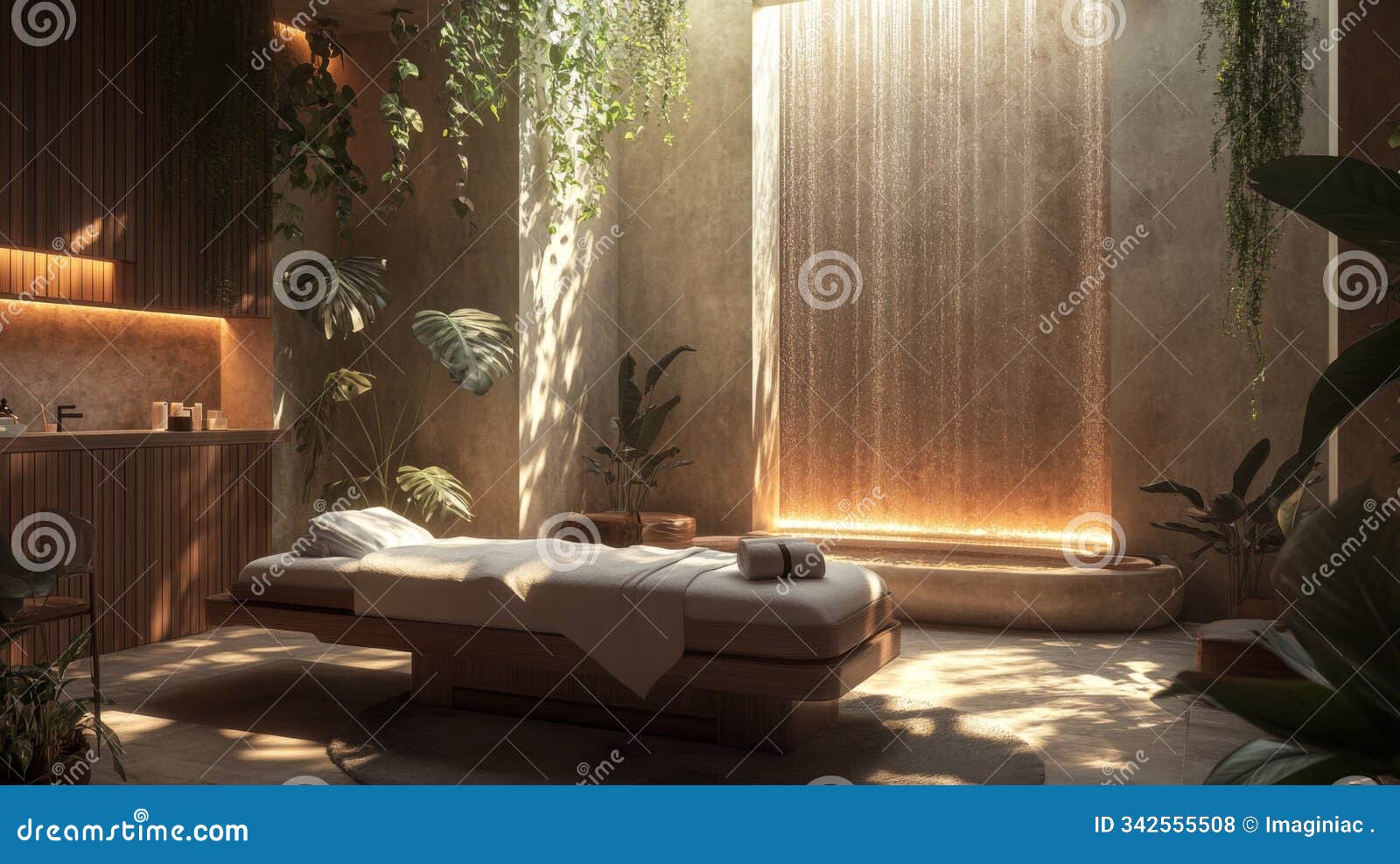Spa Room with Waterfall Feature and Massage Table Stock Illustration ...