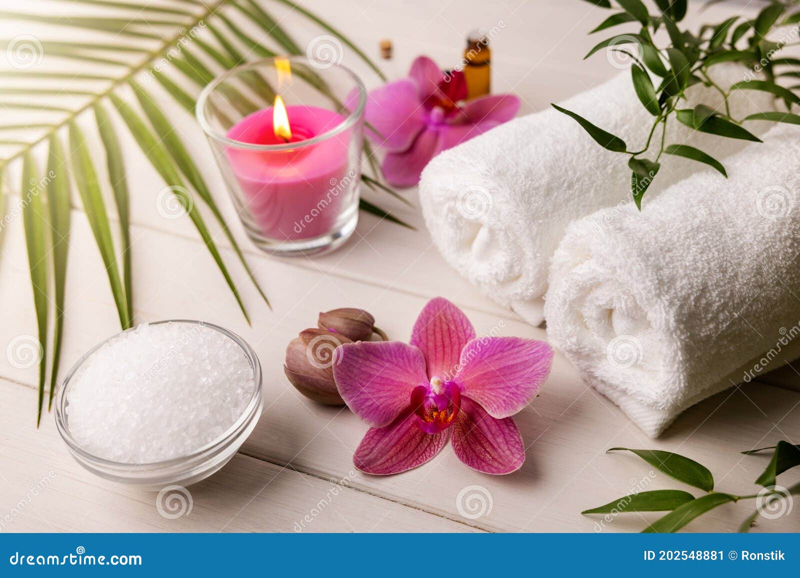 Spa Salt Treatment. Spa Items on Wooden Table Stock Image - Image of ...