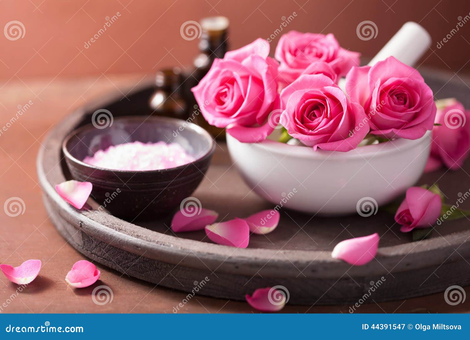 Spa Set with Rose Flowers Mortar Essential Oils Salt Stock Image ...