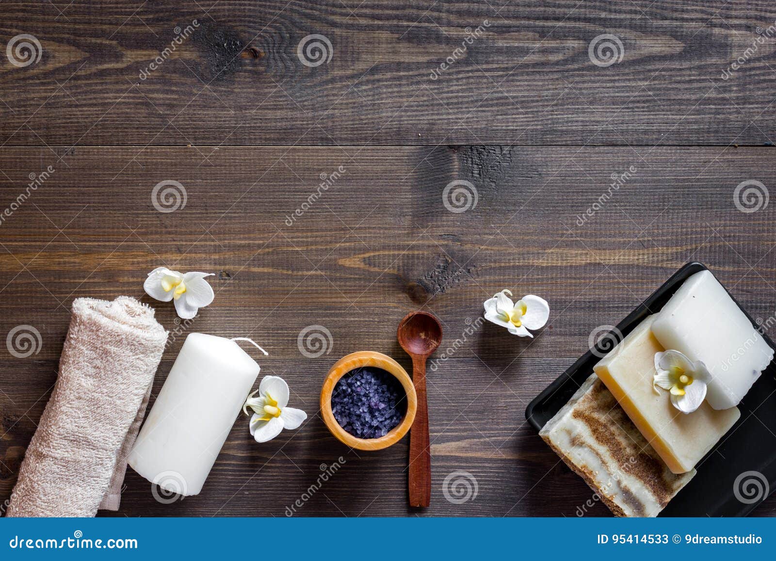 Spa Set With Salt, Flowers And Candle On Wooden Table Background Top ...