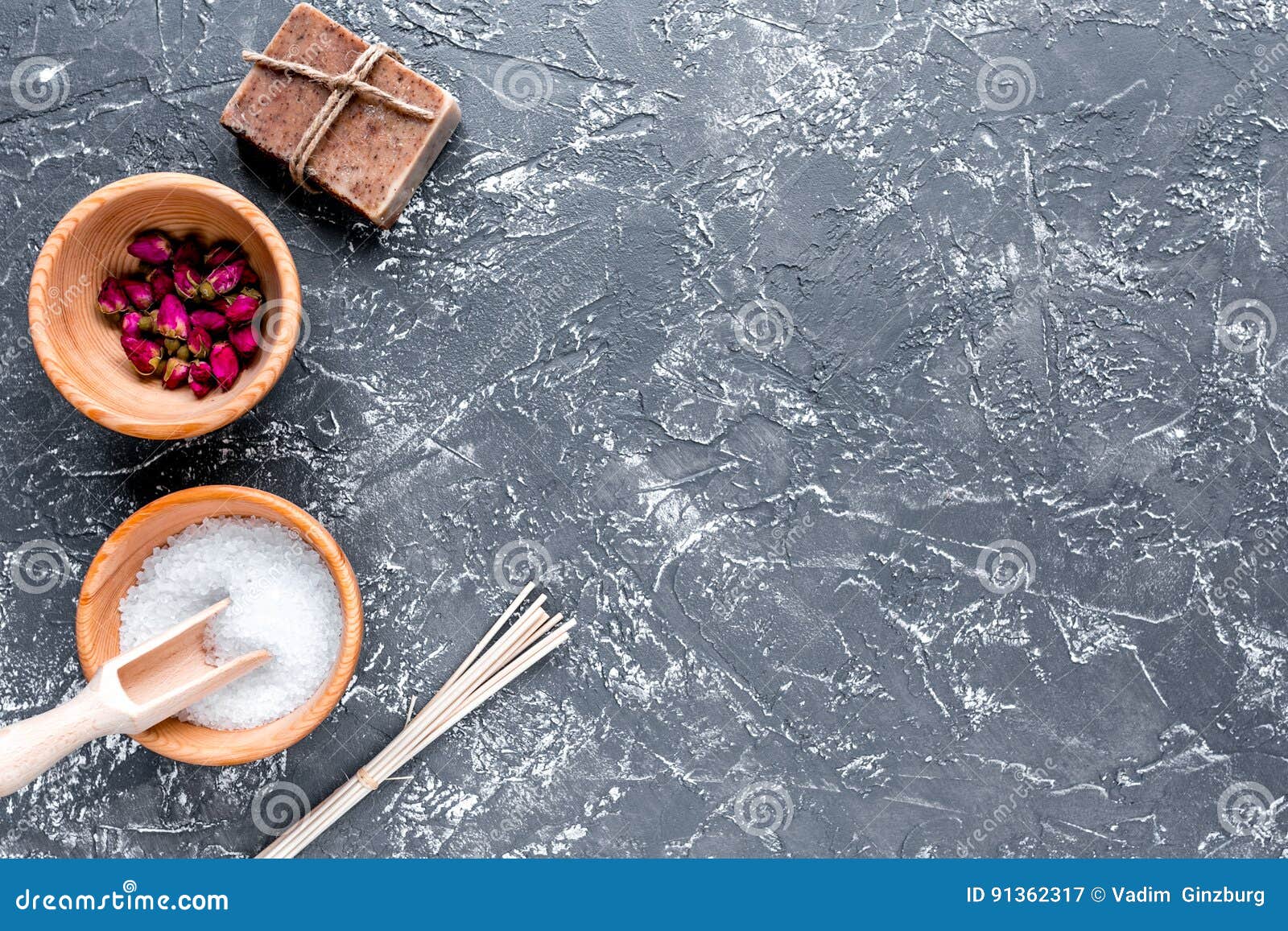 Spa Set with Salt and Soap on Dark Background Top View Mock Up Stock ...