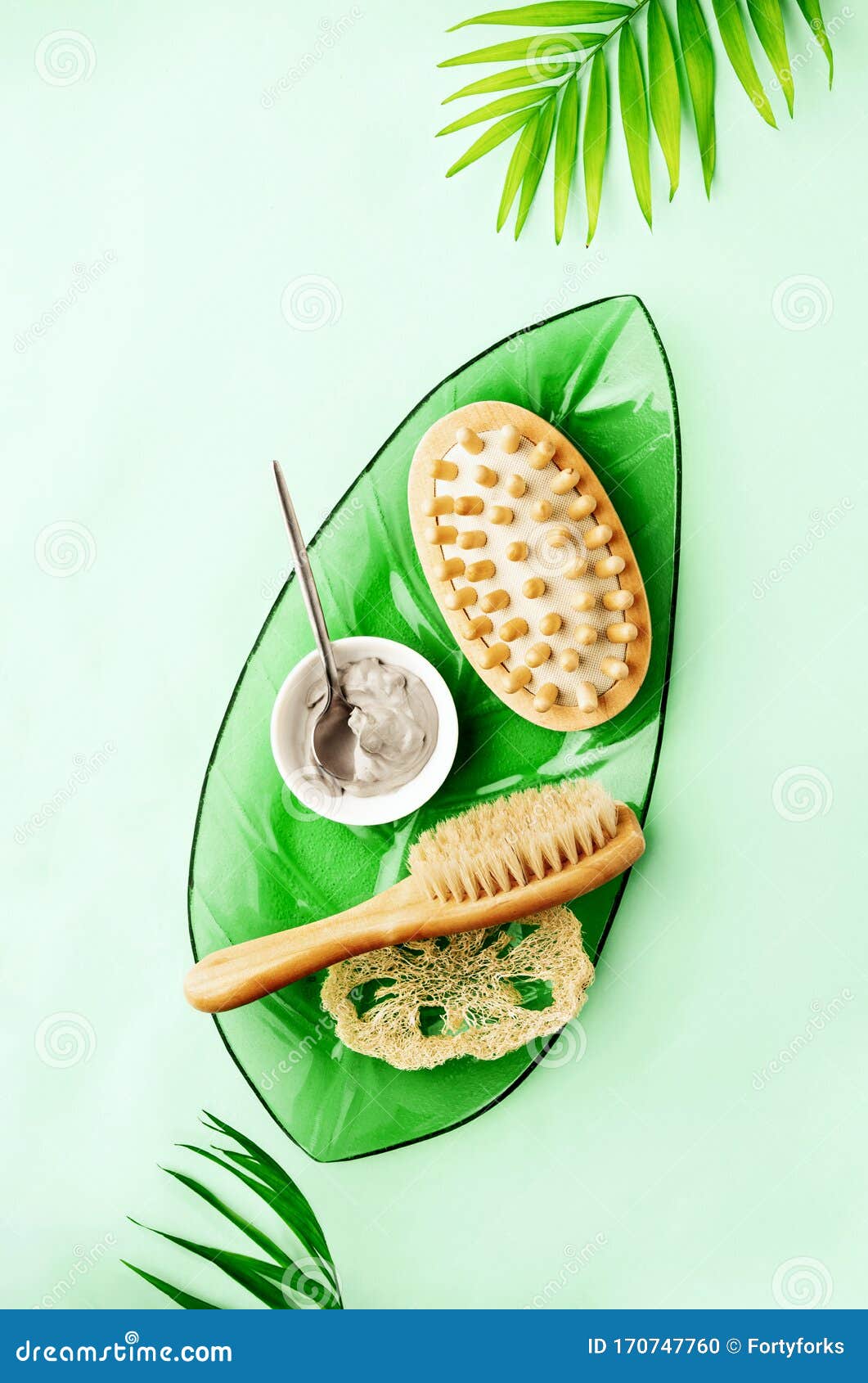 Summer Spa Setting Background with Cosmetic Clay and Massage Brushes ...