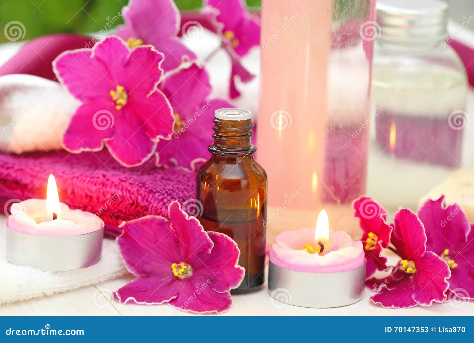 SPA Setting with Candles, Aroma Oil and Violets Stock Image - Image of ...