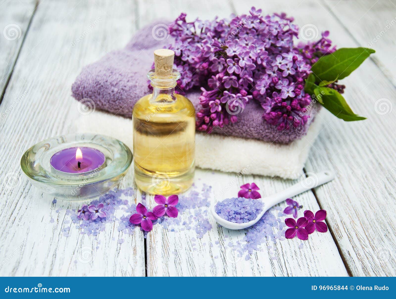 Spa Setting with Lilac Flowers Stock Photo - Image of smell, bath: 96965844