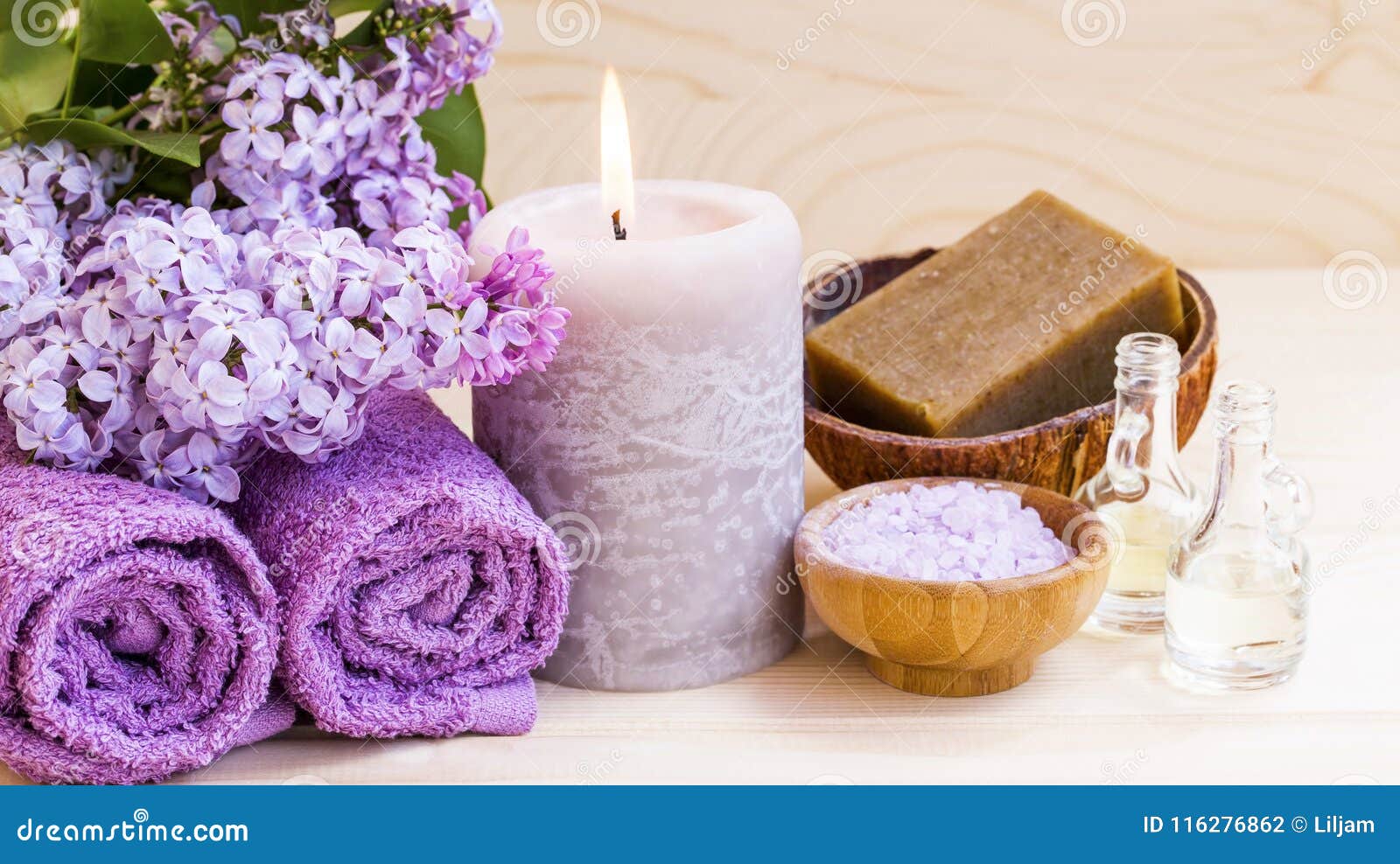 Spa Setting With Lilac Towels And Candle Still Life Of Wellness Spa