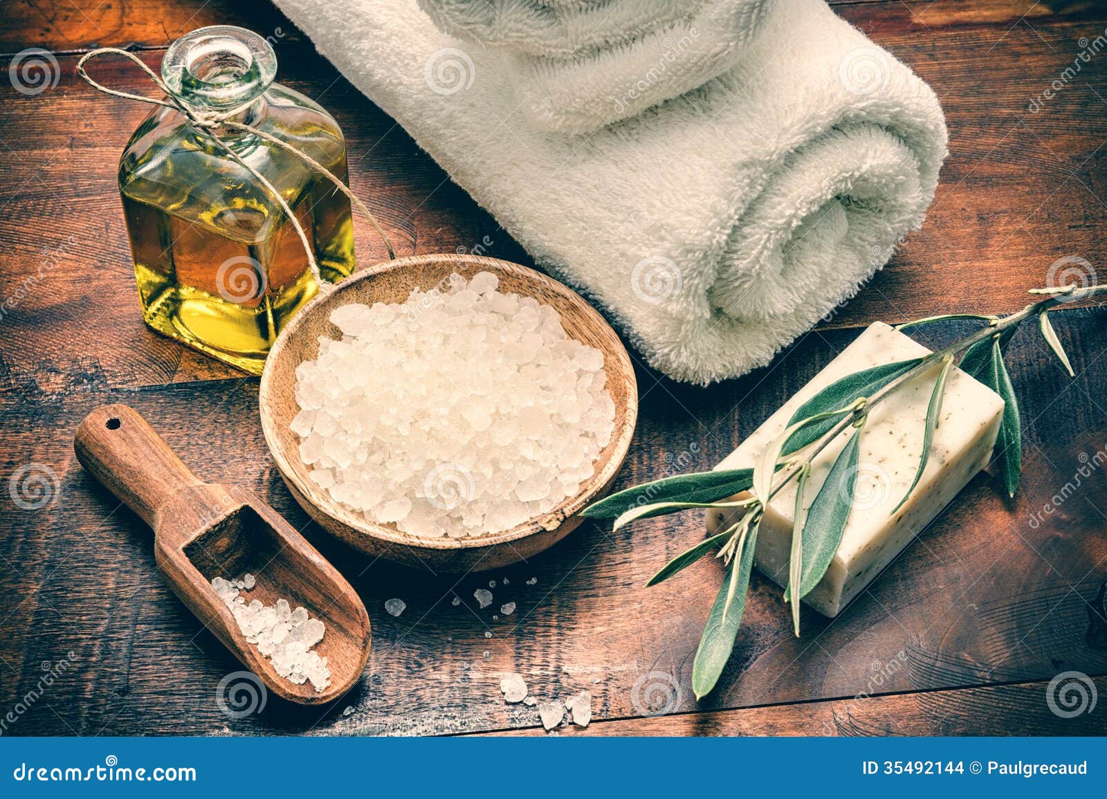 Spa Setting with Natural Olive Soap and Sea Salt Stock Photo - Image of ...