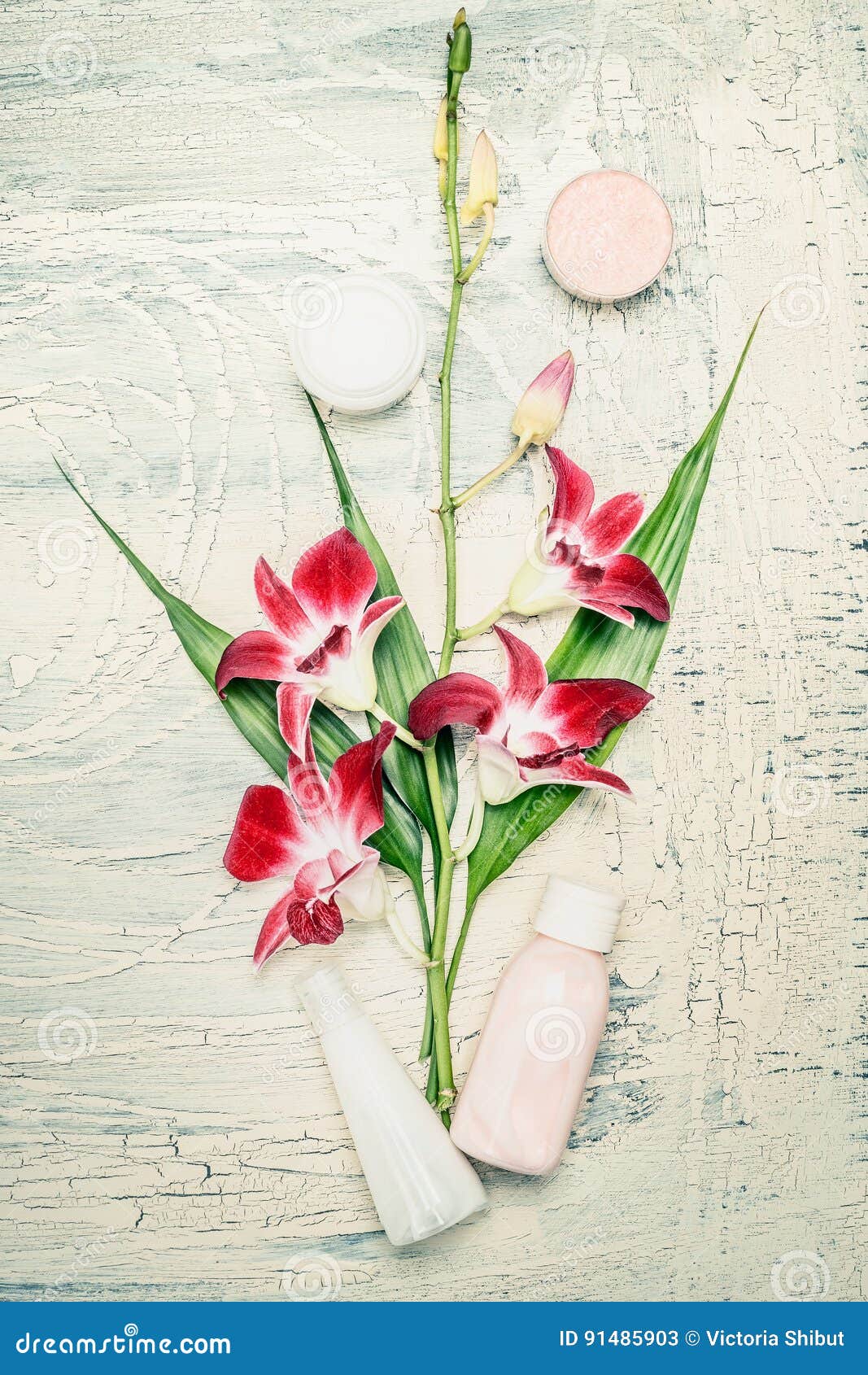 Spa Setting with Orchid Flowers and Cosmetic on Withe Shabby Chic ...