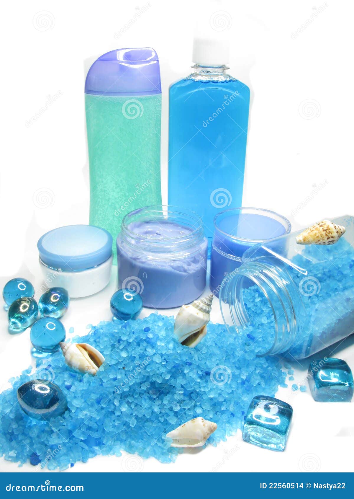 Spa Shampoo Bottles Creme Sea Shells and Salt Stock Photo - Image of ...