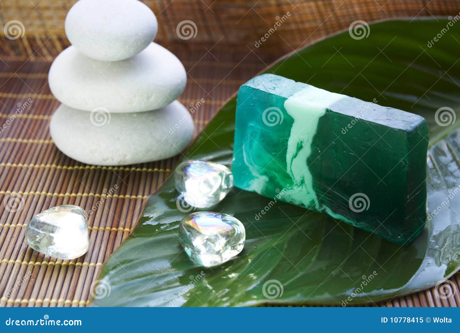 Spa Stones, Leaf and Soap on Bamboo Mat Stock Image - Image of ...