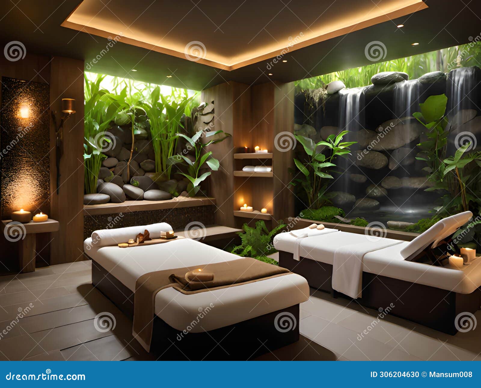 A Spa with Two Massage Beds and a Waterfall Stock Illustration ...