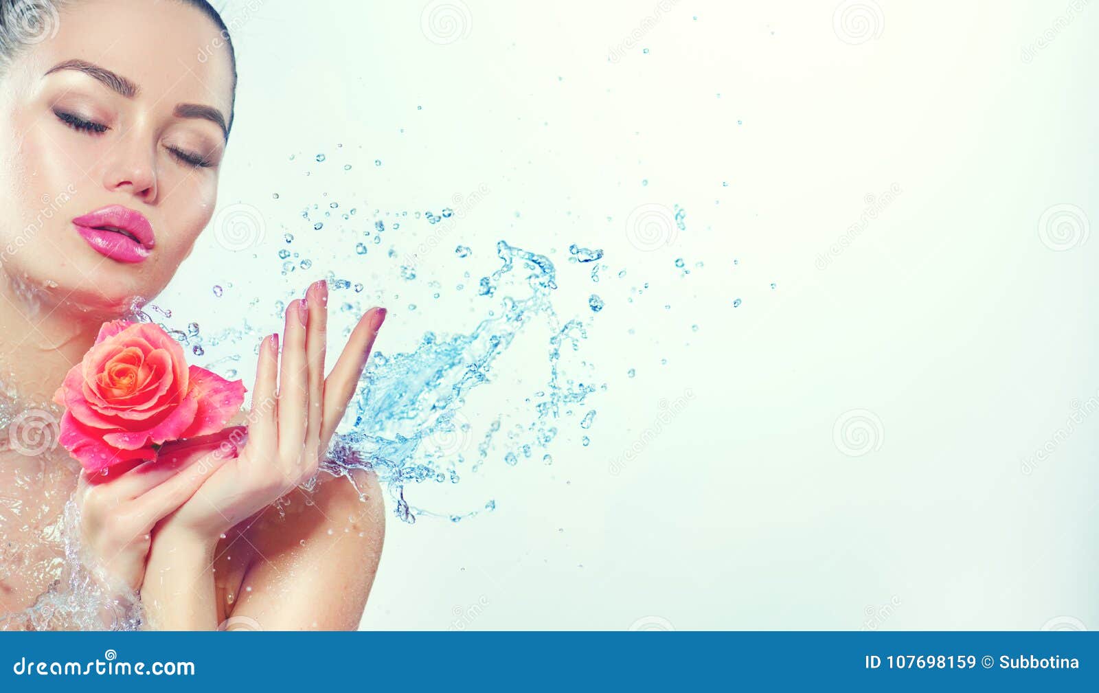 Spa Woman Beauty Smiling Girl With Splashes Of Water And Rose In Her