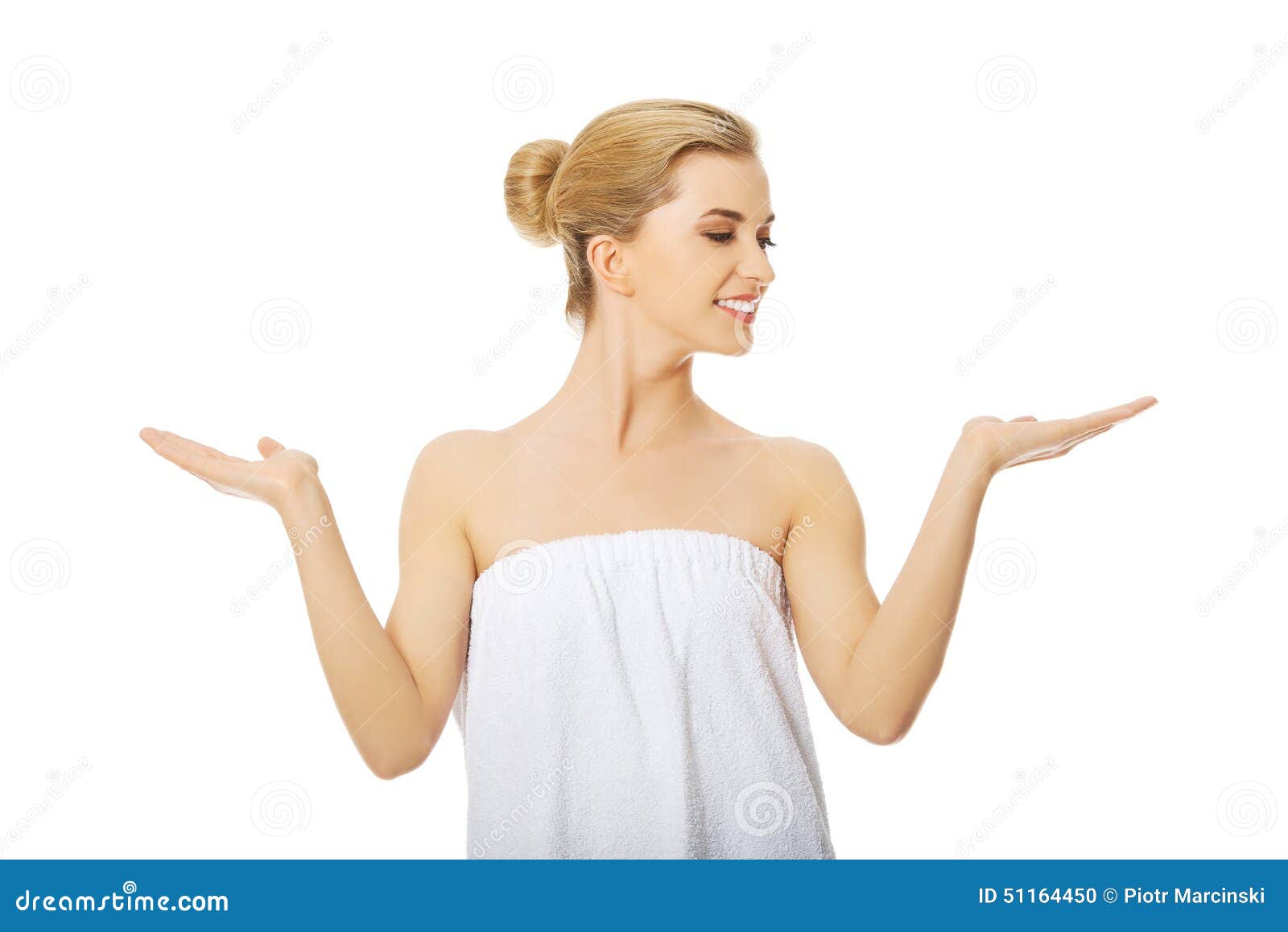Spa Woman Wrapped in Towel with Open Hands. Stock Photo - Image of ...