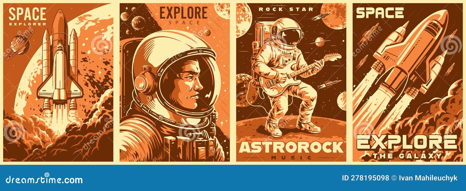 Space Adventure Set Flyers Monochrome Stock Vector - Illustration of ...