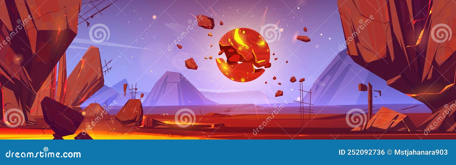 Space, Alien Planet Landscape with Exploding Moon Stock Vector ...