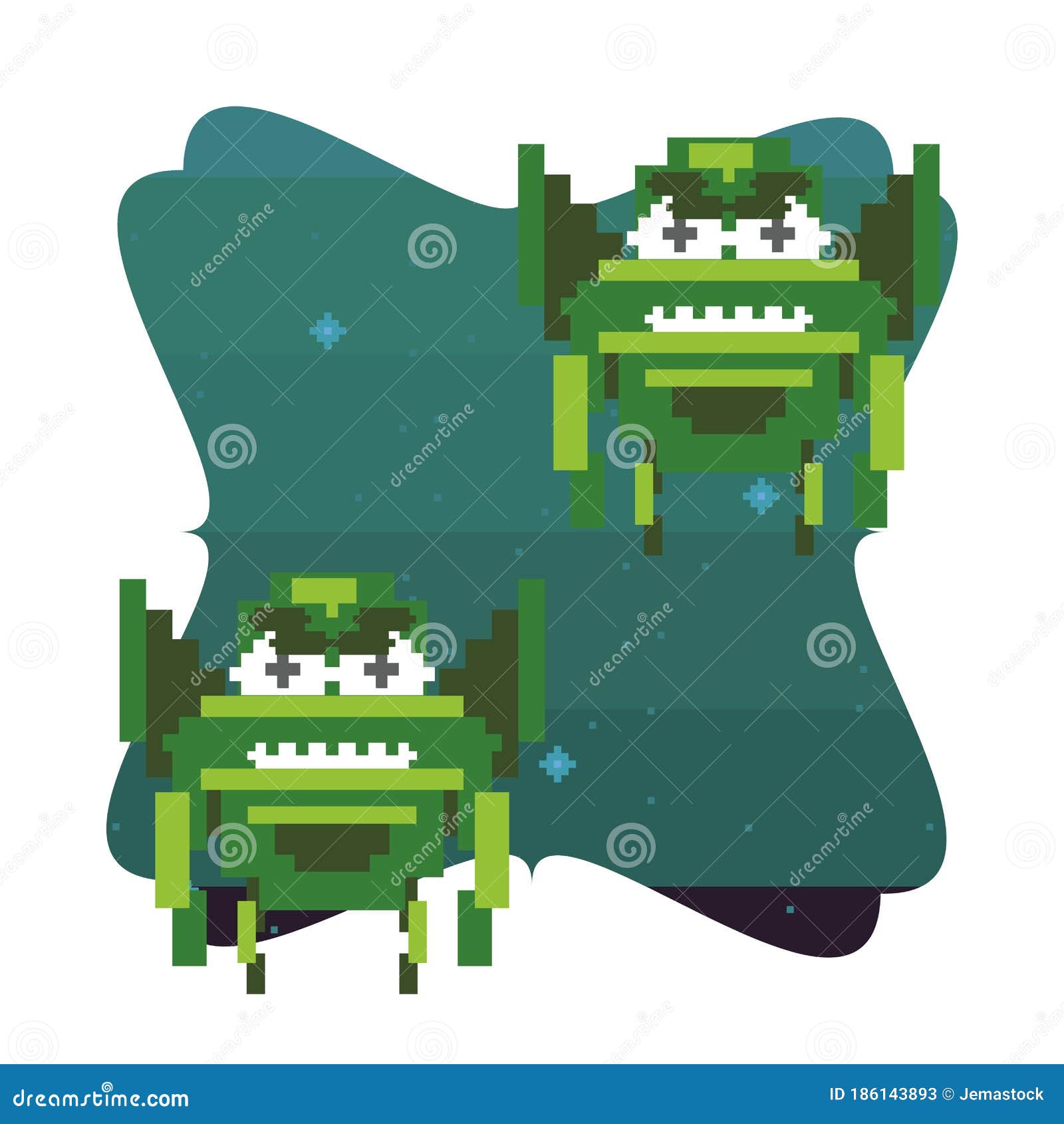 Pixelated Aliens Leaving Dangerous Planet On Flying Saucer. Angry Blue ...