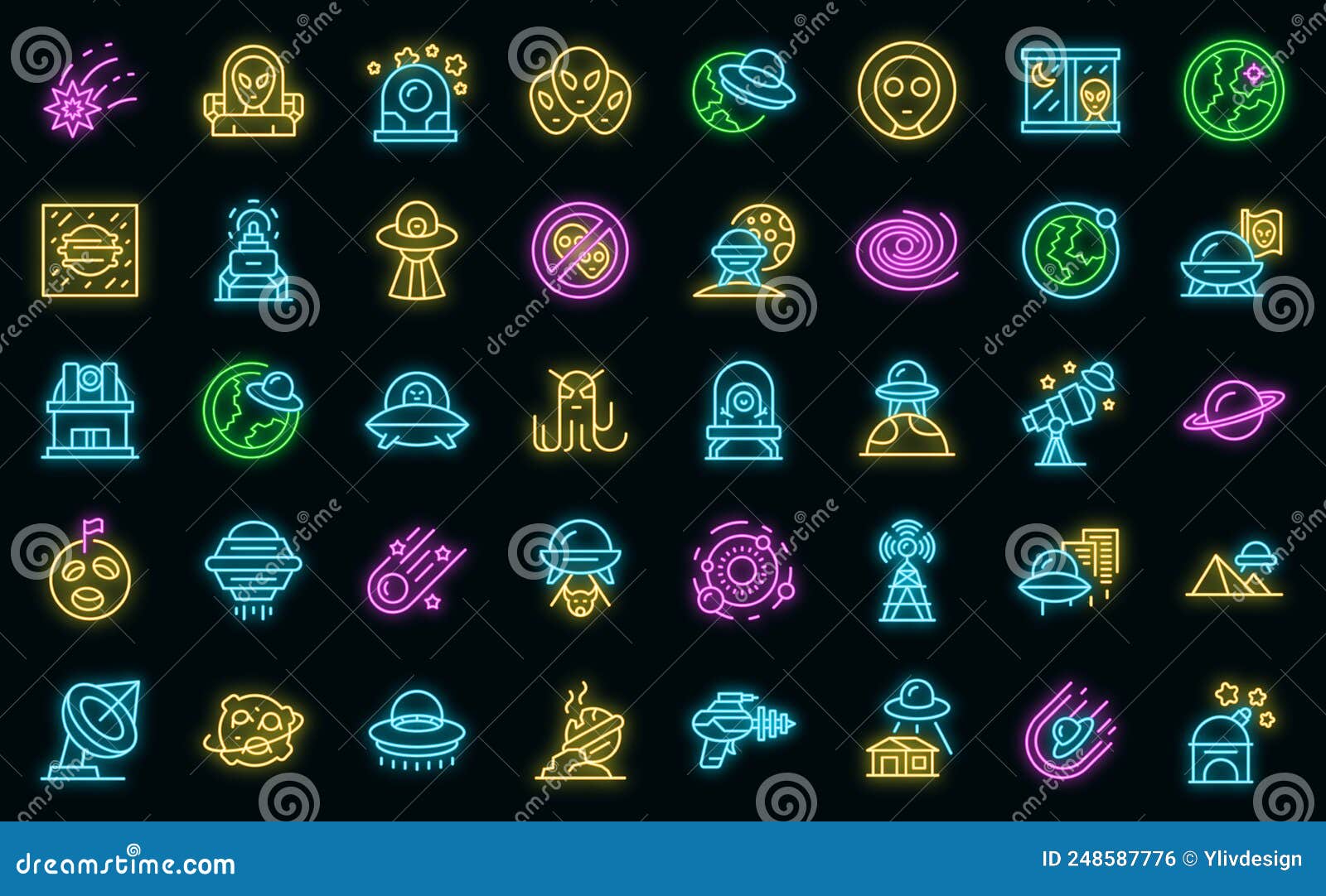 Space Aliens Icons Set Outline Vector. Rocket Spaceship Vector Neon ... Space Aliens Icons Set Outline Vector. Rocket Spaceship Vector Neon ...
