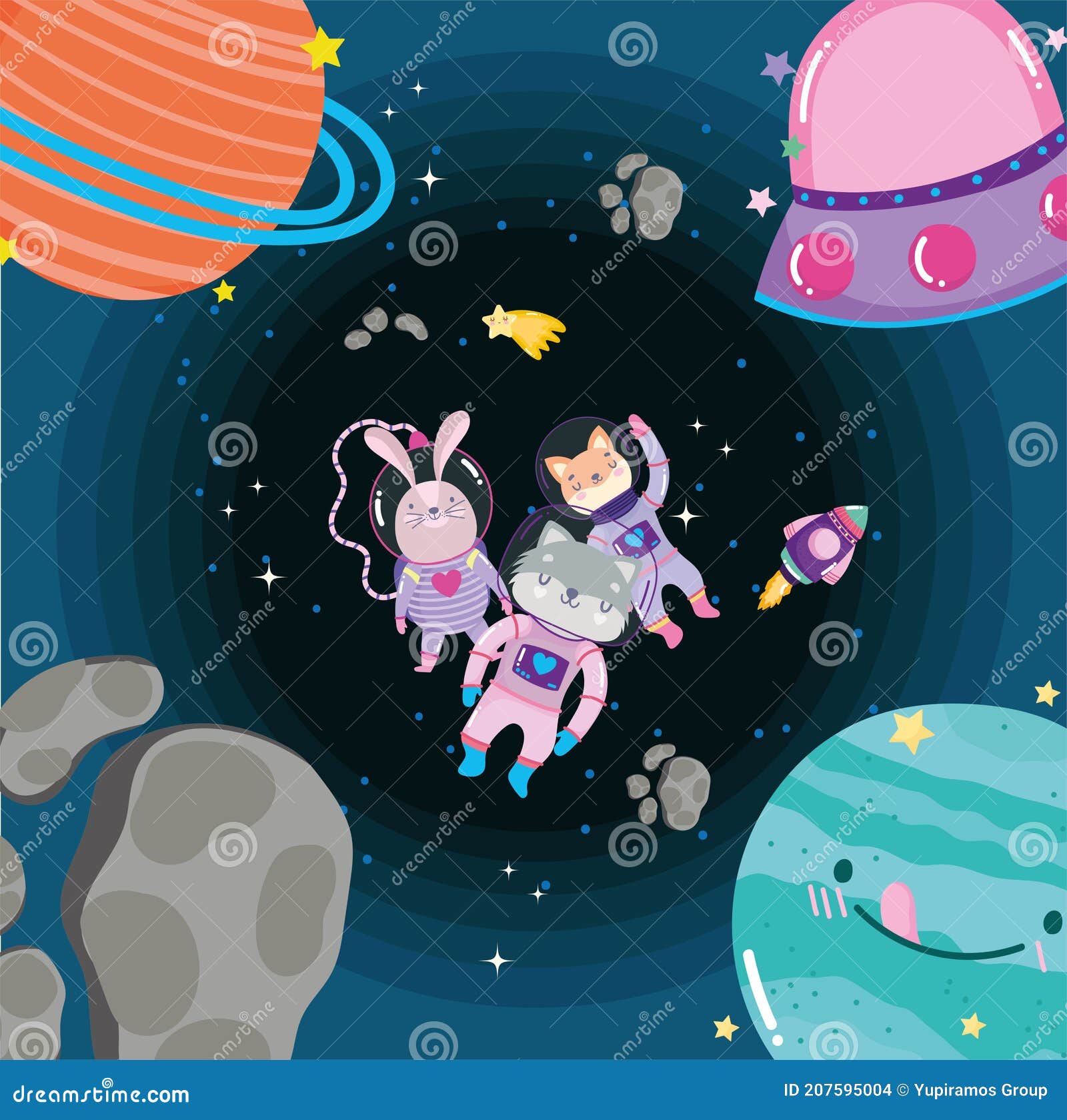 Space Animals in Spacesuit and Planets Adventure Explore Cartoon Stock ...