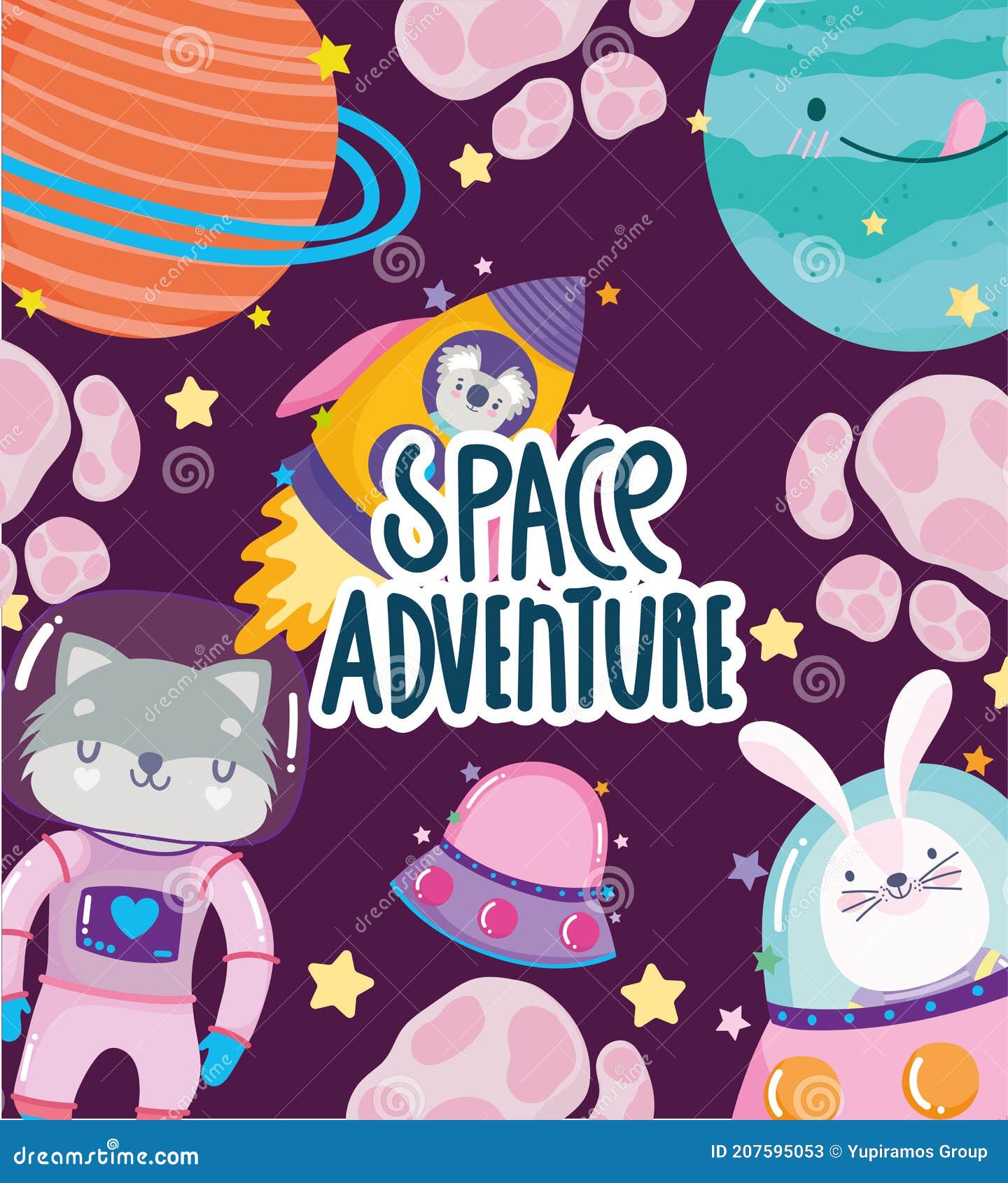 Space Animals with Spacesuit Rocket and Planet Adventure Explore ...