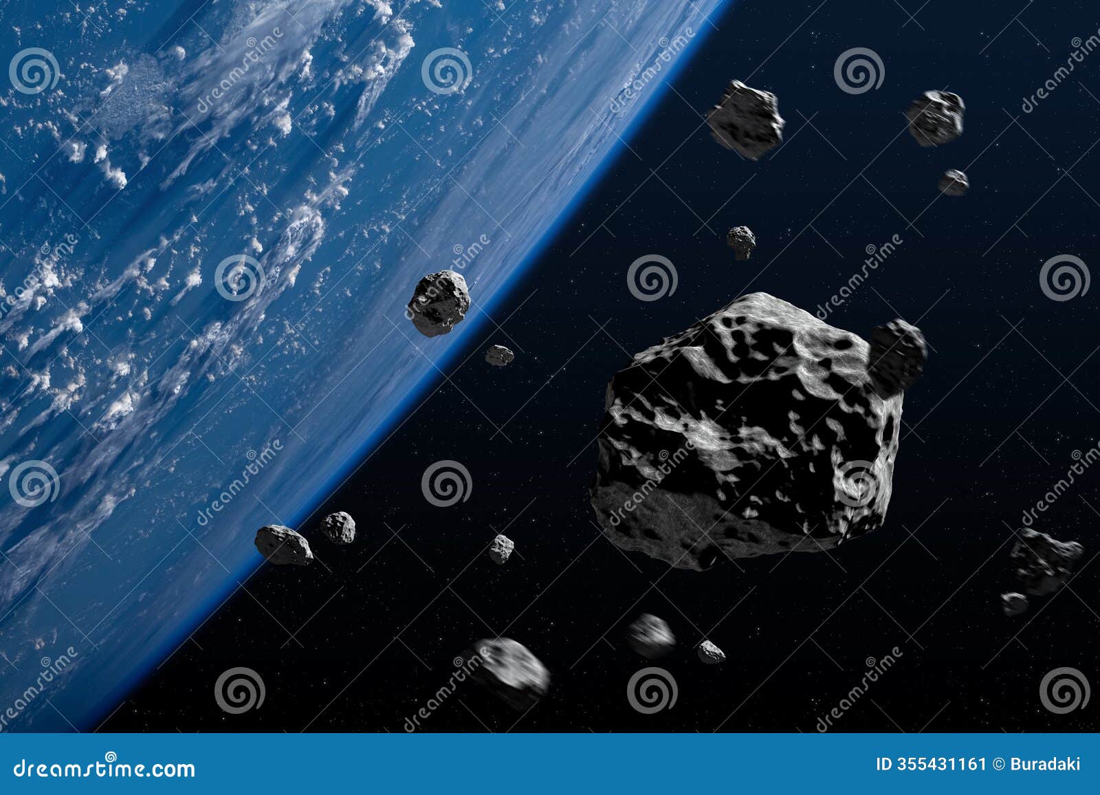Big and Small Asteroids Near Planet Earth in Space. Stock Image - Image ...