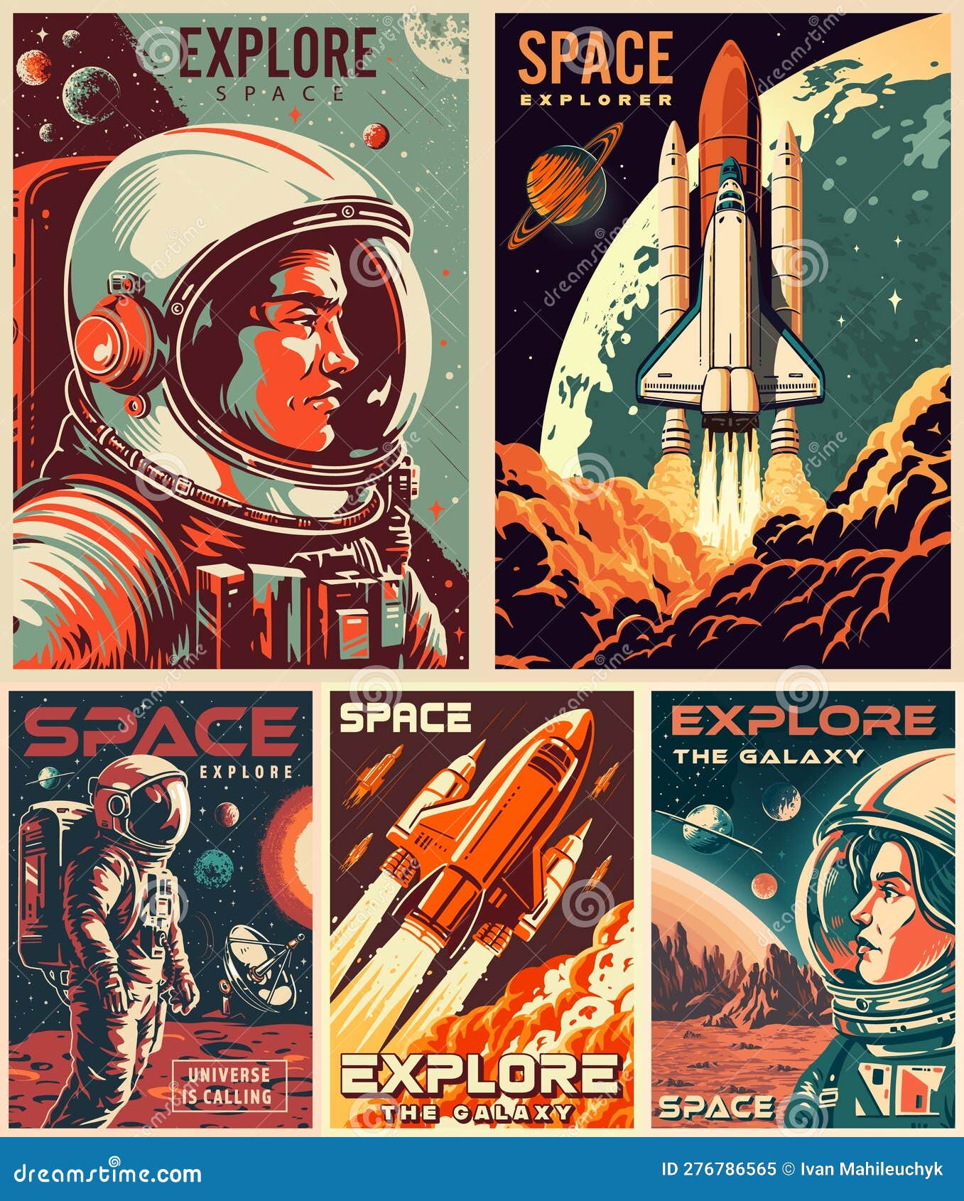 Space Astronauts Colorful Set Flyers Stock Vector - Illustration of ...