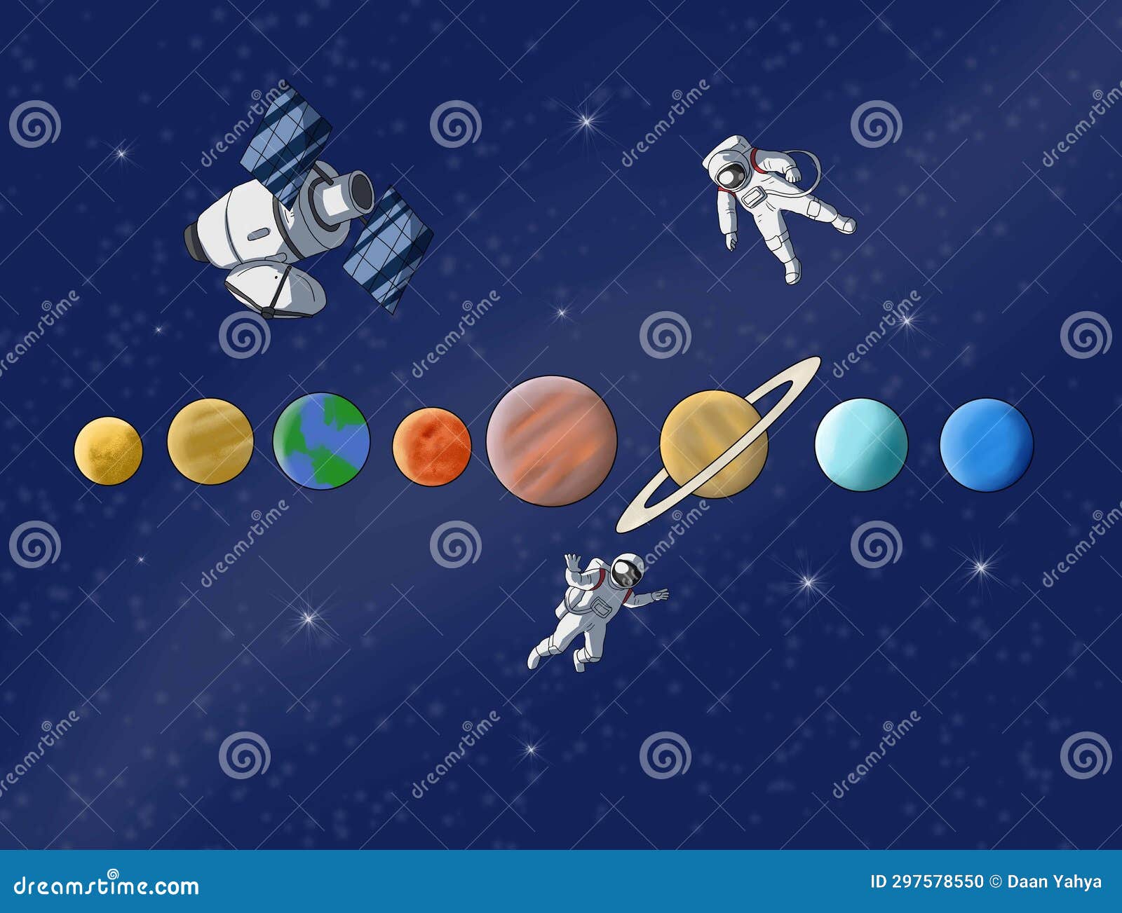 Space with Astronout Satelite and Planr Illustration Stock Illustration ...