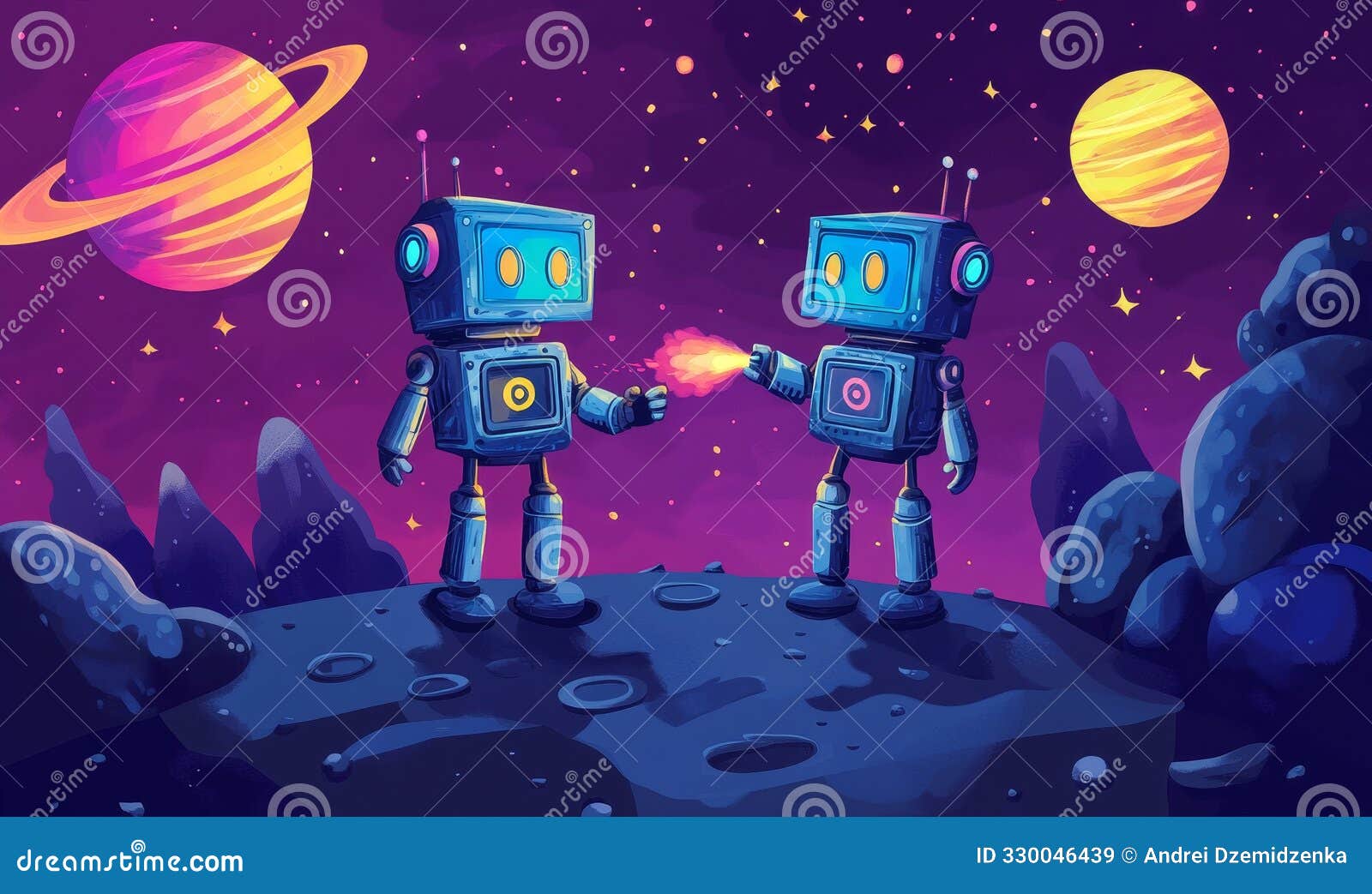 A Space Background with Planets and Robots Stock Image - Image of ...