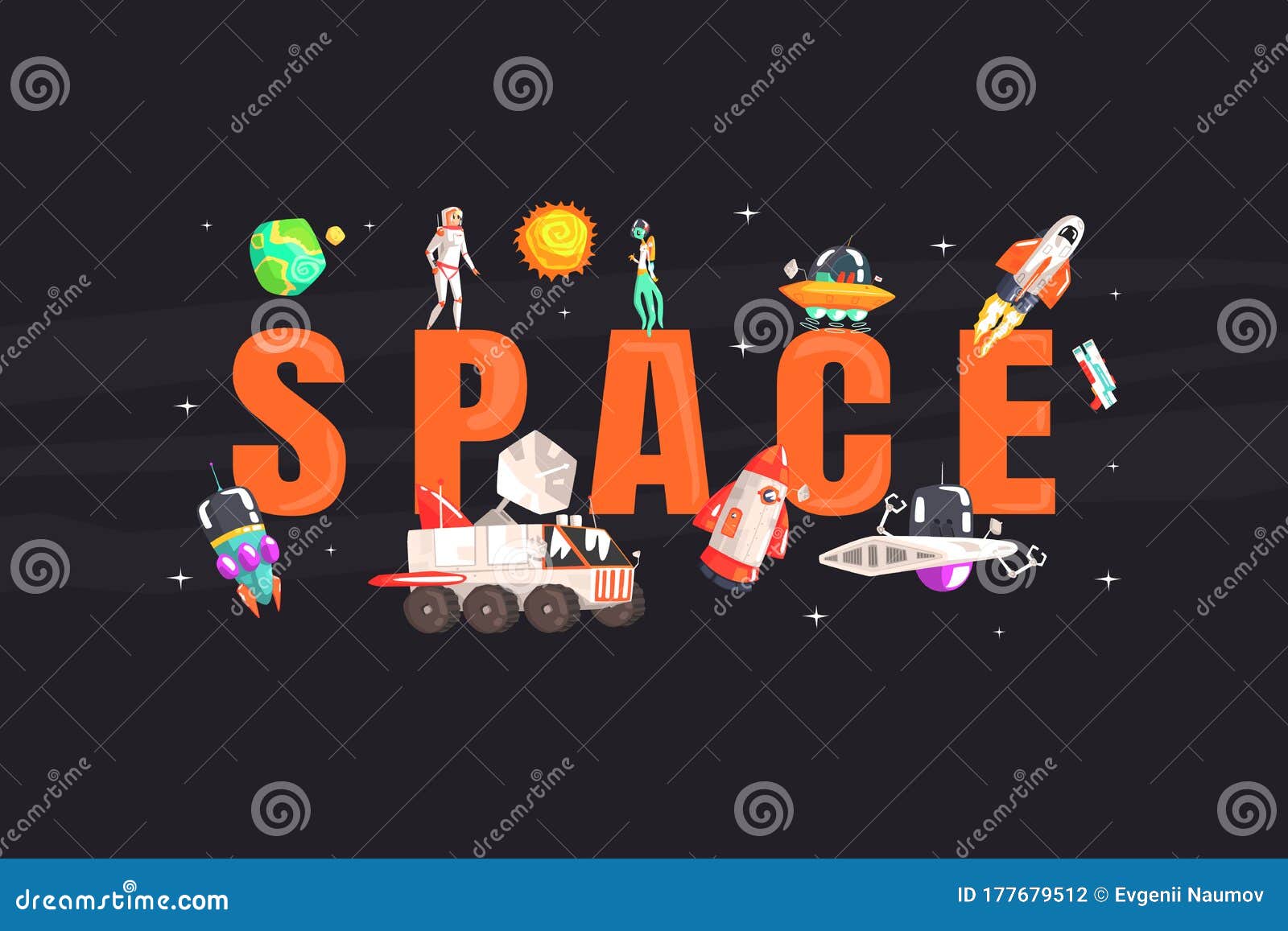 Space Banner Template with Astronaut, Spaceship, Rocket, Ufo in Outer ...